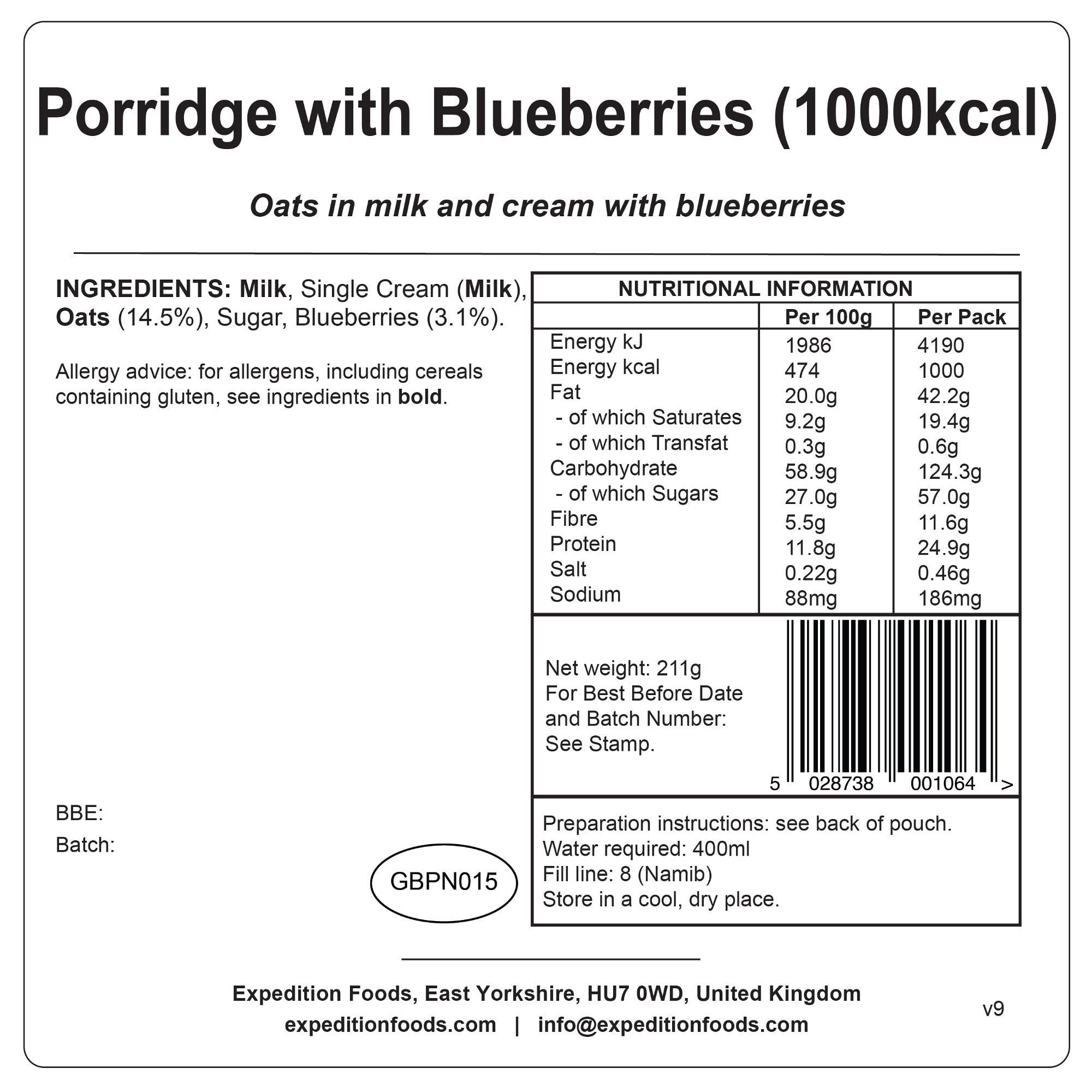 Porridge with Blueberries - Expedition Foods